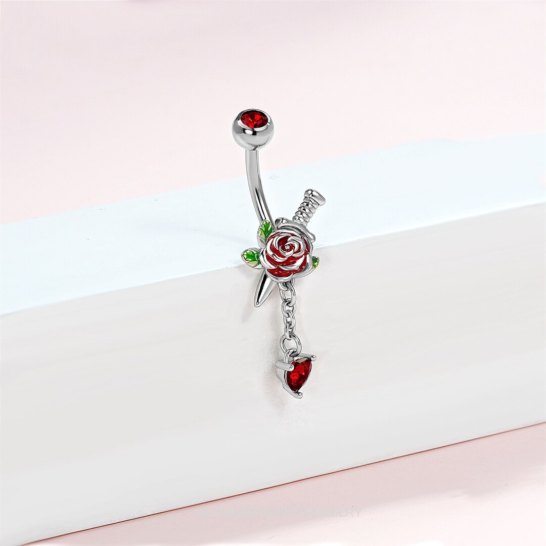 Rose and Sword Belly Ring: Red Gem Dangle, 14G Navel Barbell - Etsy