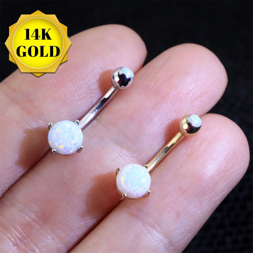 14K Gold Belly Button Ring/synthetic Opal Navel Ring/round Belly Ring ...