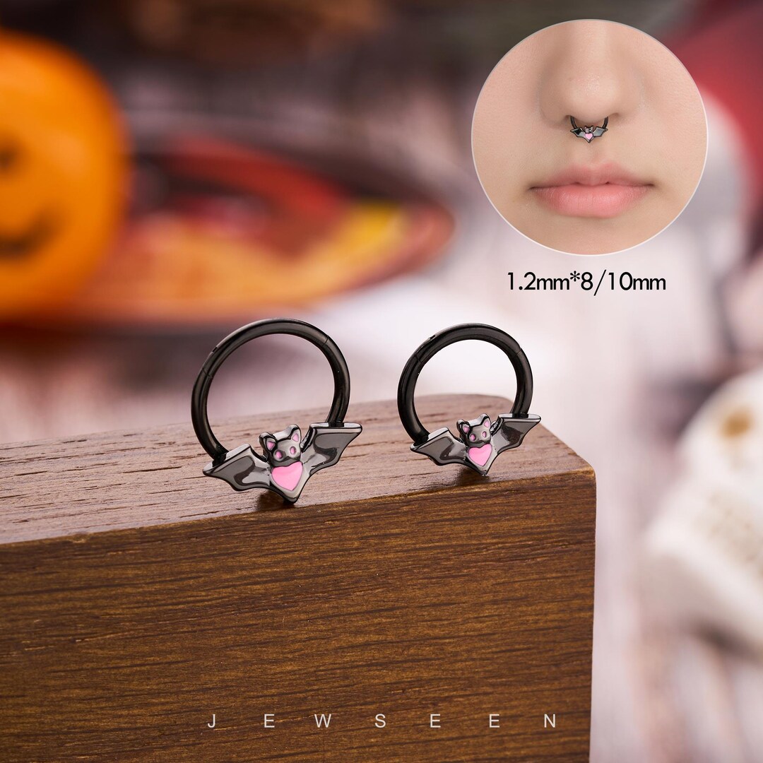 Gothic Bat Septum Ring With Pink Heart Resin | Halloween Goth Nose ...