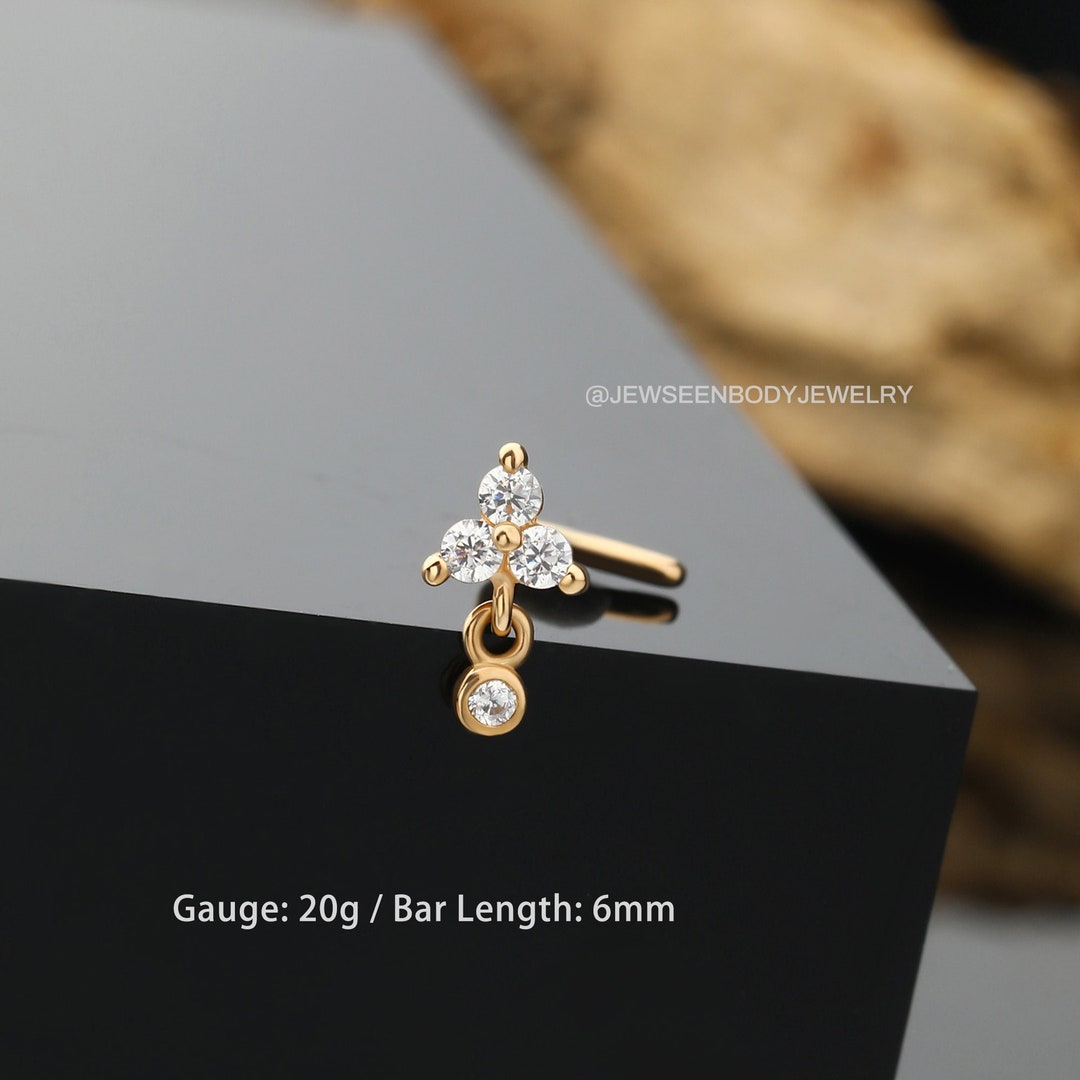 14K Gold Dangle Nose Stud: CZ L Bend Nose Piercing - Etsy