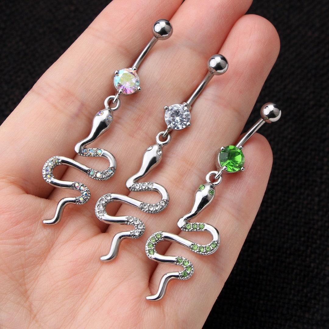 Snake Belly Button Ring/belly Ring/curved Barbell/sparkling CZ Dangle ...