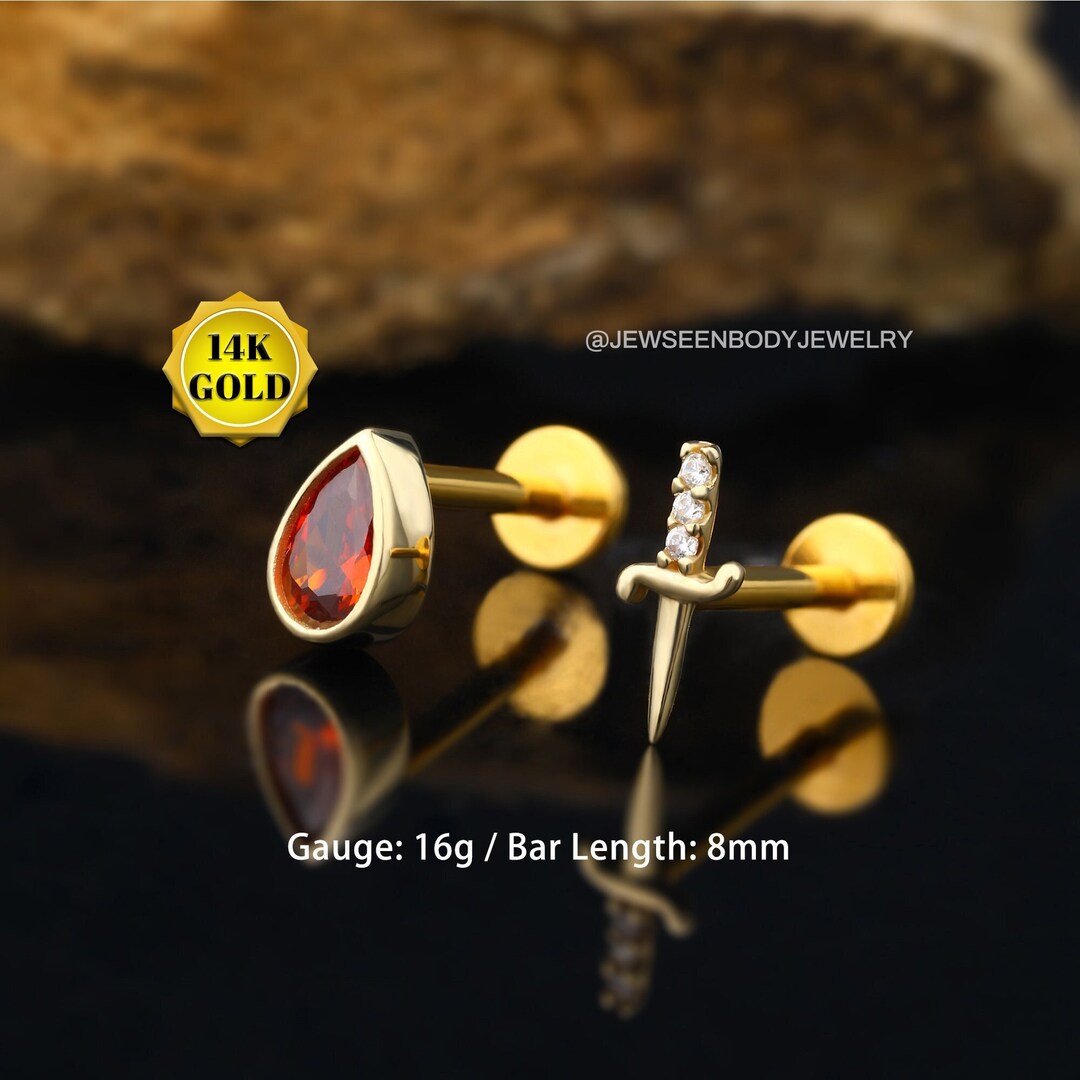 14K Gold Top Push in Threadless Earring,sword Flat Back Stud,cartilage ...