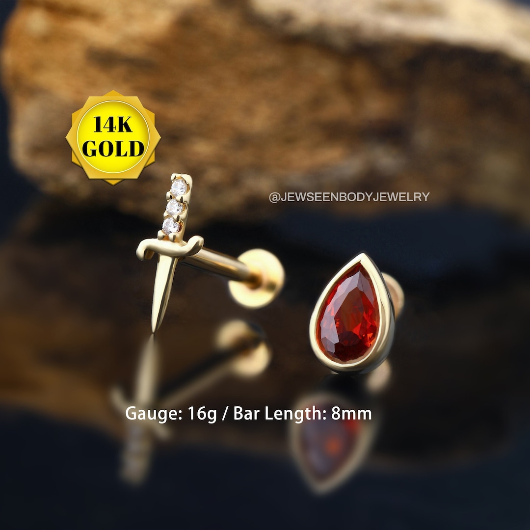 14K Gold Sword Cartilage Stud Earring,dagger Helix,tragus,conch Stud,flat Back Stud,push in ...