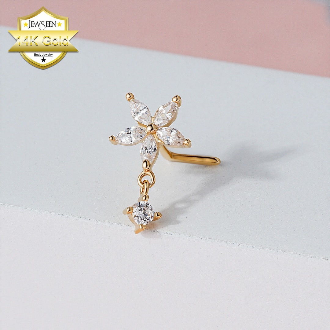 20G Dangle Floweer Gold Nose Stud/l Bend Nose Jewelry/14k Nose Rings ...