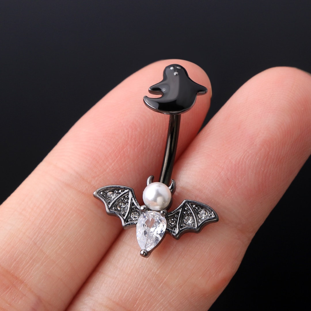 Belly Button Ring/14g Pearl Bat Belly Bar/cz Belly Piercing/halloween ...