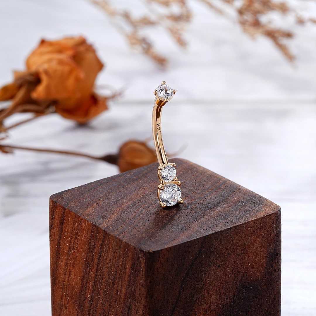 14G 14K Gold CZ Navel Piercing/belly Ring Gold Curved Barbell/navel ...
