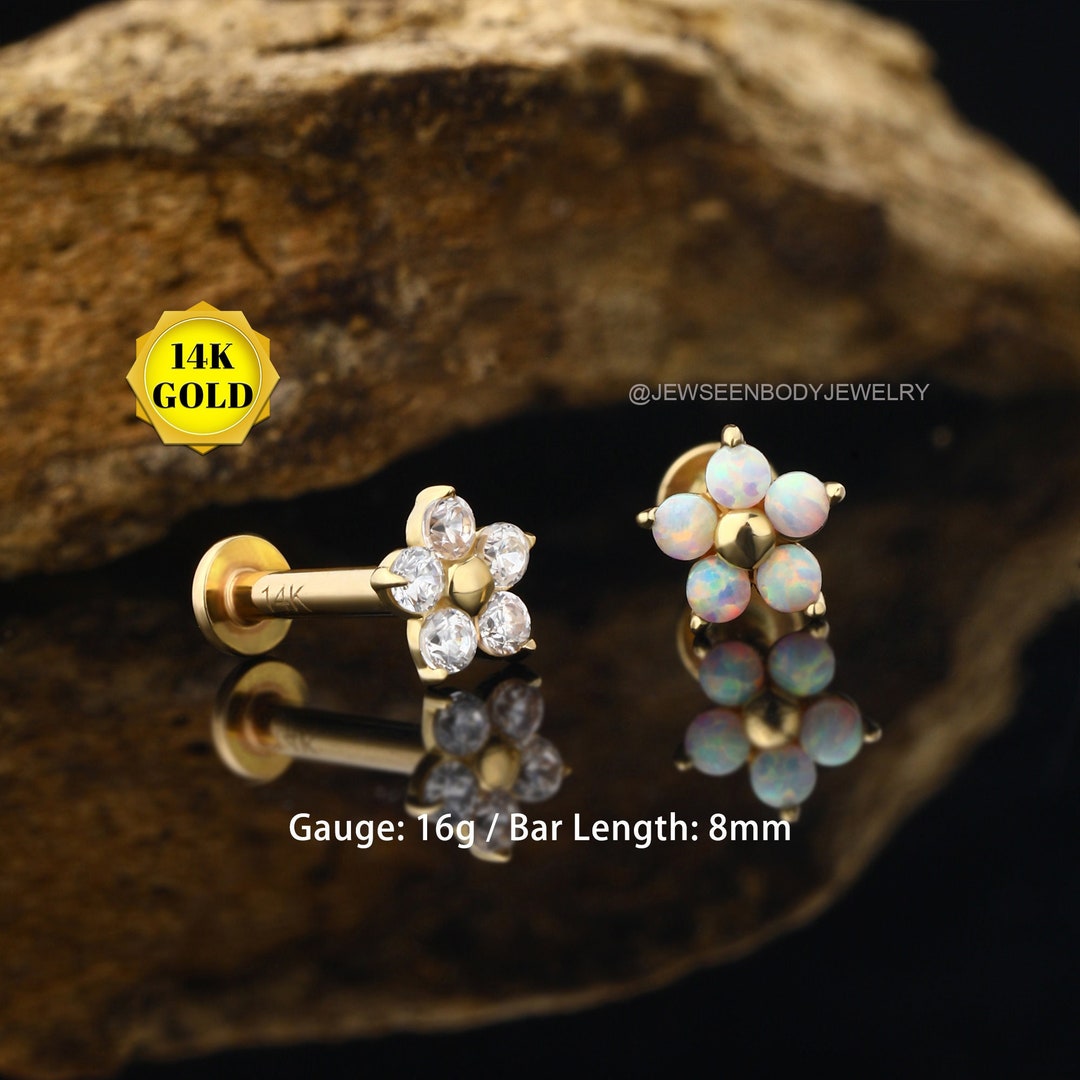 14K Gold Flat Back Stud/ Gold Cartilage Stud/ Flower Stud Earring/ Push in Threadless Cartilage ...
