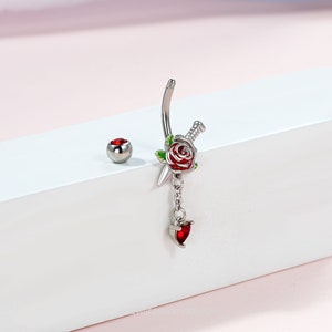 Rose and Sword Belly Ring: Red Gem Dangle, 14G Navel Barbell - Etsy