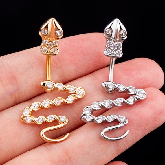 14G Snake Belly Button Ring/cz Belly Ring/gold Navel - Etsy