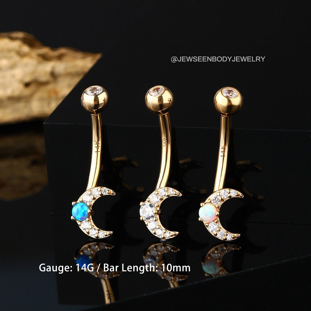 14K Solid Gold Belly Button Rings/ Moon Belly Piercing/ Navel Jewelry ...
