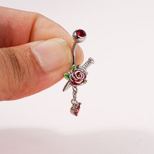 Rose and Sword Belly Ring: Red Gem Dangle, 14G Navel Barbell - Etsy