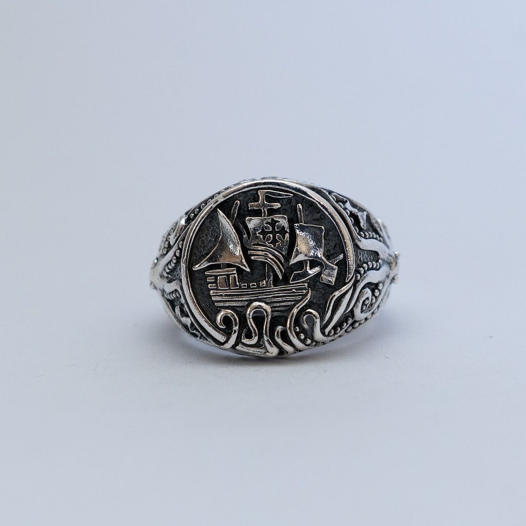 Men's Silver Ring, Nautical Design, Ship, Kraken, Handmade Jewelry, Sea ...