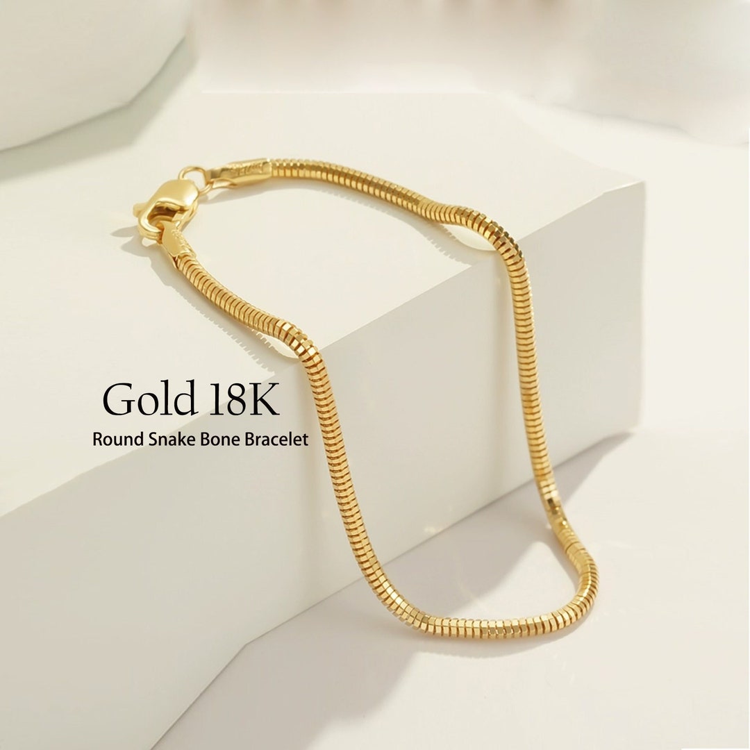 18k Real Gold Round Herringbone Bracelet, 1.9MM 2.5MM Snake Bone ...