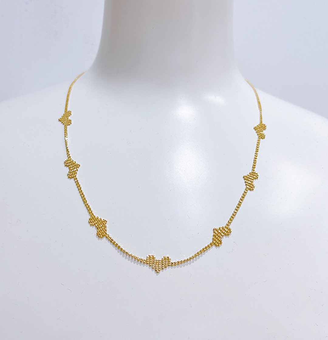 18k Solid Gold Heart Lace Necklace , Charm Choke Chain, Double Layer ...