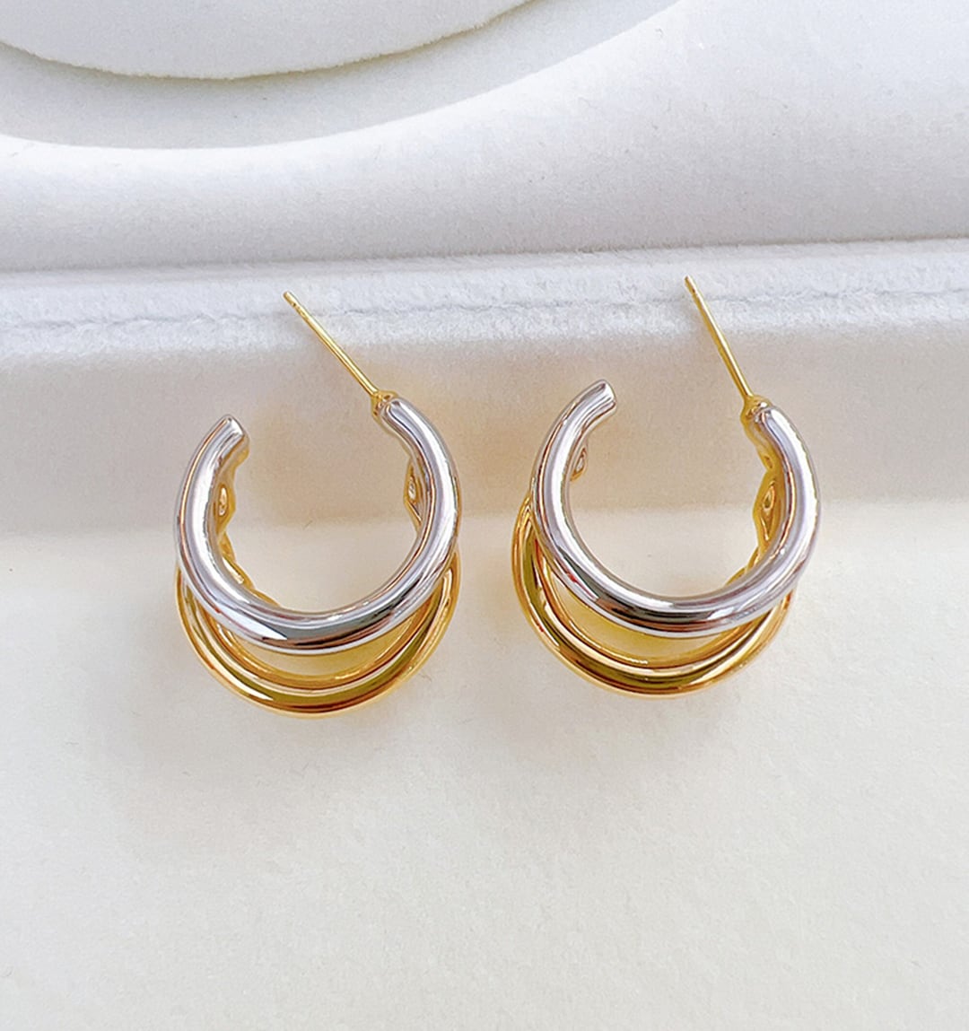 18K Solid Gold Two-tone Hoops Earrings, Triple Tube Ropes Hoops ...