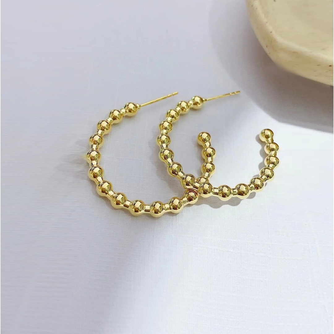18K Real Gold Bead Circle Hoop Earrings for Women, Large C Shaped Hoops ...