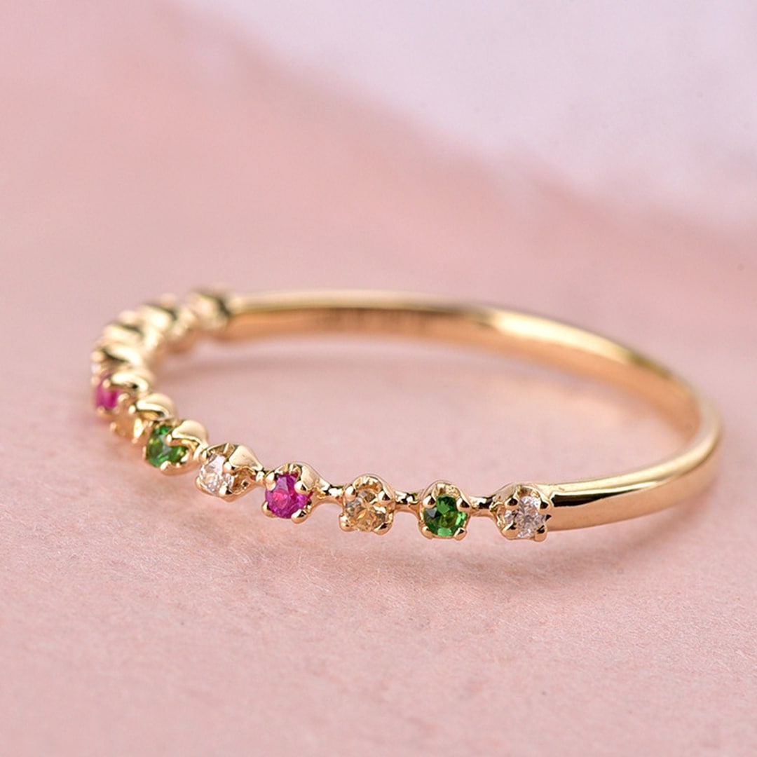 18K Colorful Gemstone Stack Ring, Natural Diamond Daily Ring, Solid ...