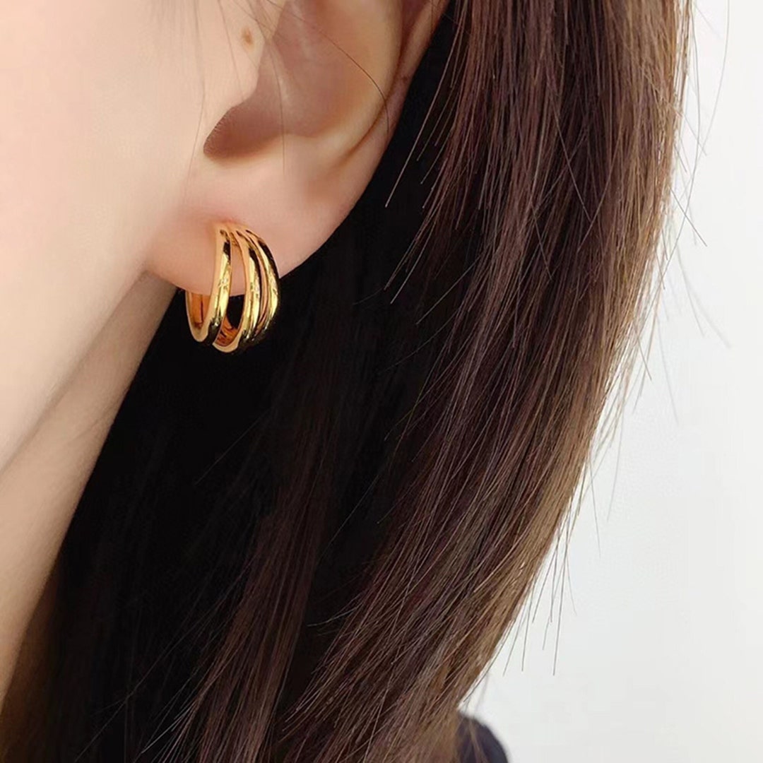 18K Solid Real Yellow Gold Triple Ropes Hoops, Fashion Earlobe Earrings ...