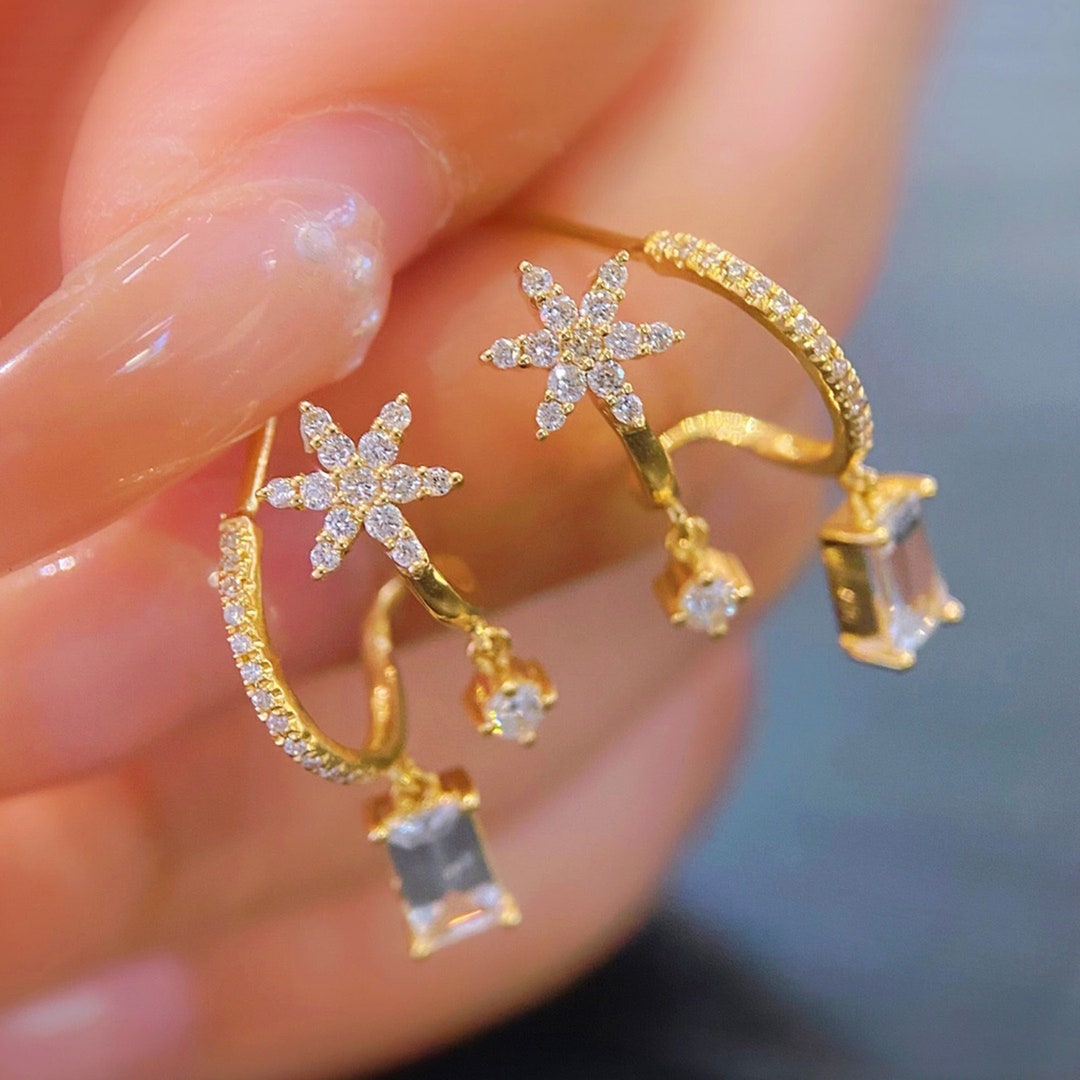 18K Solid Gold Natural Diamond Drop Earrings, 2pieces Fake Earrings ...