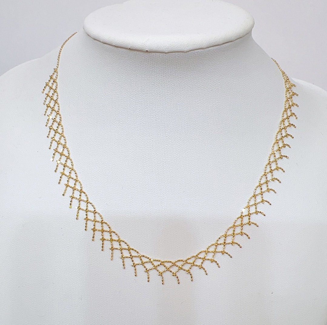 18K Real Gold Thick Lace Necklace, Lace Net Chain, Bead Ball Knot ...