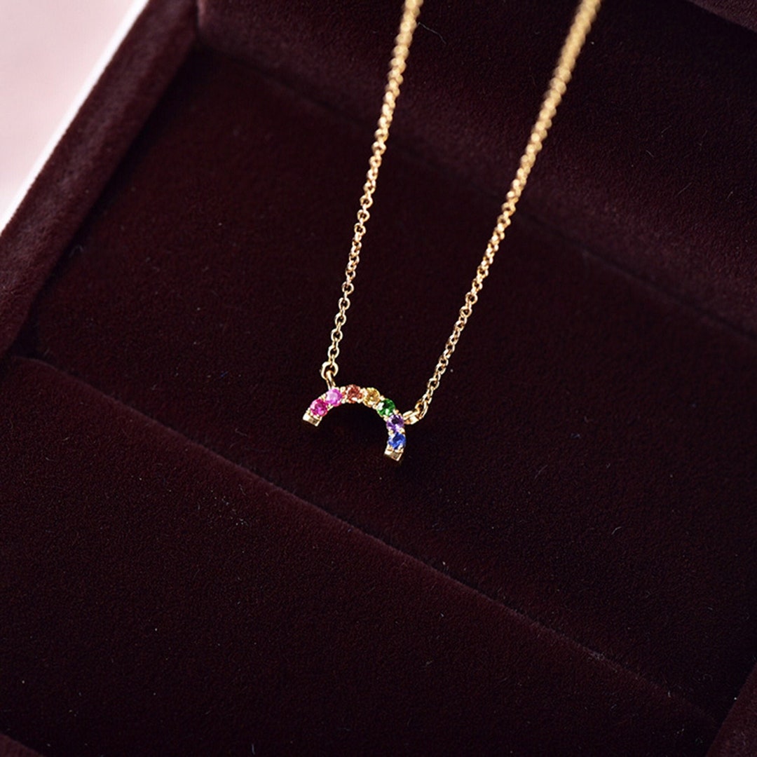 18k Solid Gold Rainbow Pendant, Natural Ruby Necklace, Colorful ...