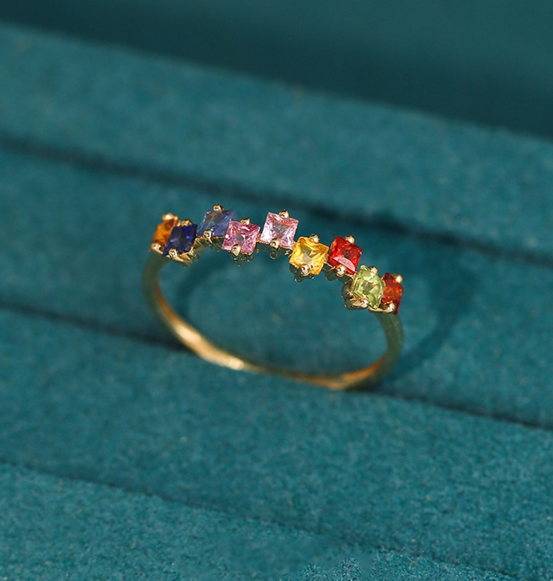 18K Gold Rainbow Stack Ring Princess Cut Gemstone Colorful - Etsy