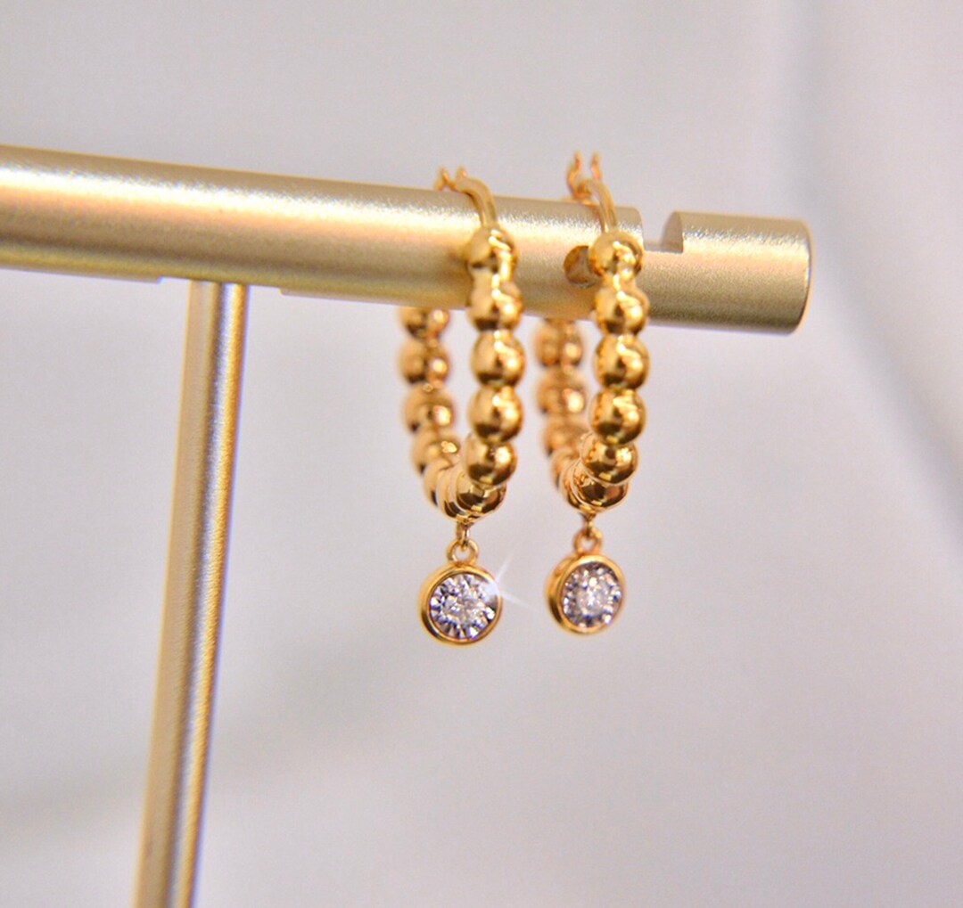 18k Real Gold Bead Hoop Dangle Earrings, Natural Diamond Drop Earring ...