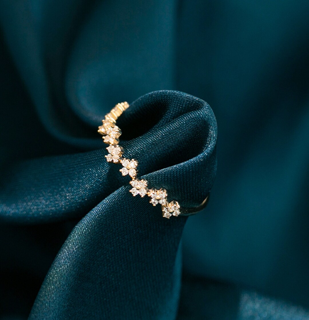 14K Real Gold Bling Starry Ring for Women, Dainty Stackable Ring Solid ...