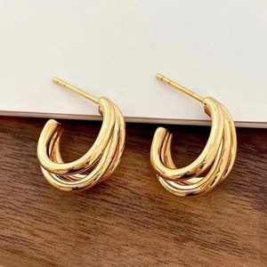 18K Solid Real Yellow Gold Triple Ropes Hoops, Fashion Earlobe Earrings ...