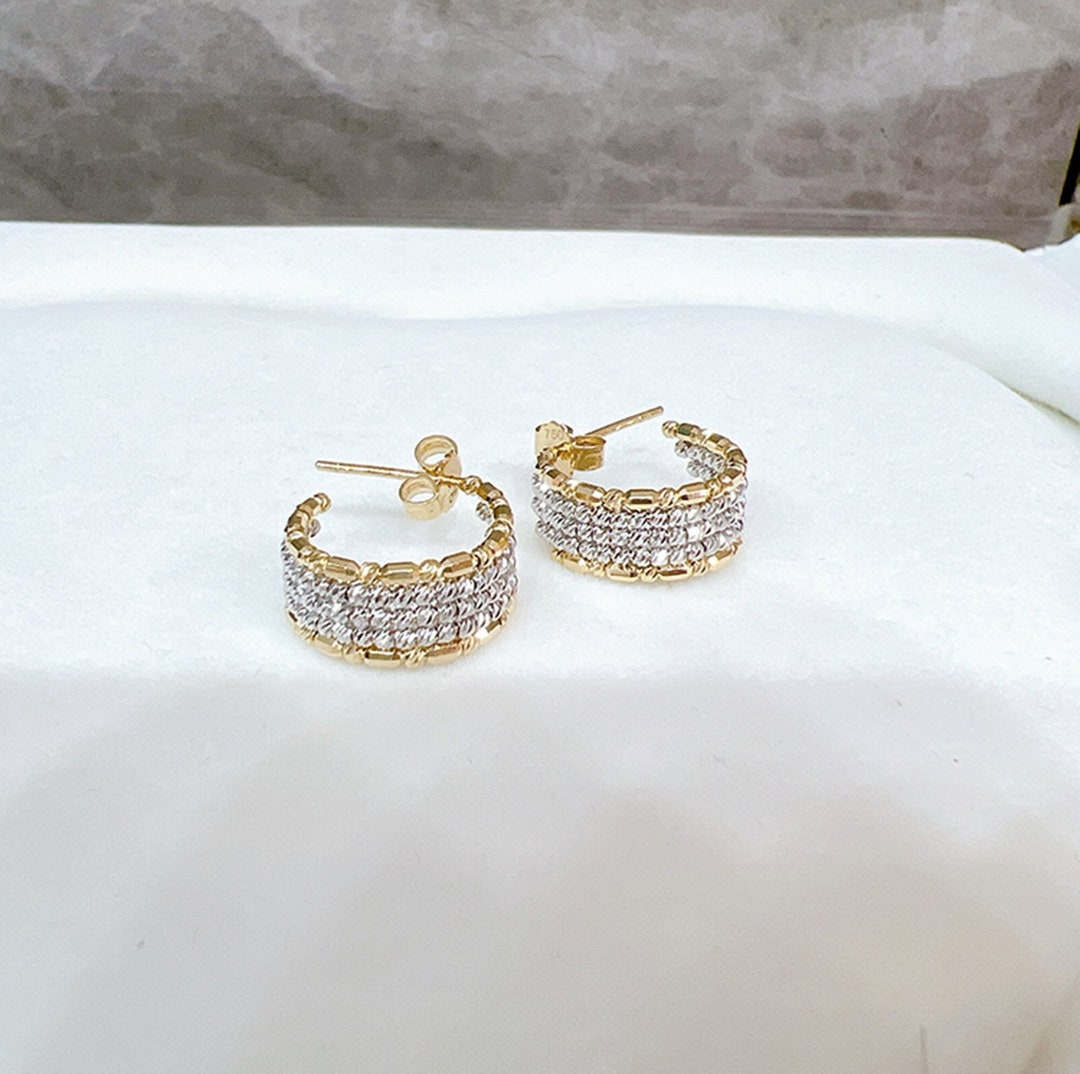 18K Real Gold 5 Rows Bead Hoop Earring for Women, 2 Tones Fashion ...