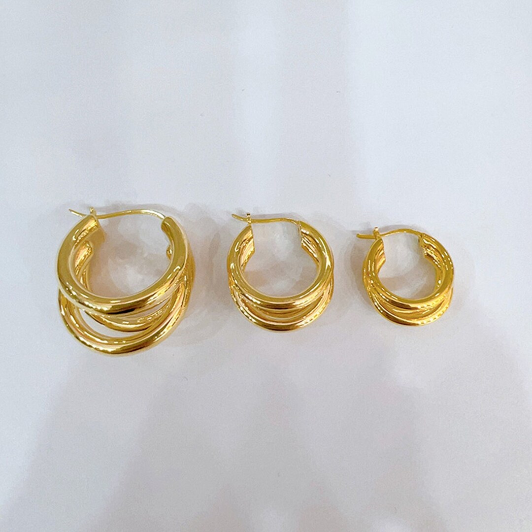18K Real Yellow Gold Triple Ropes Hoops, Fashion Earlobe Hoop Earrings ...