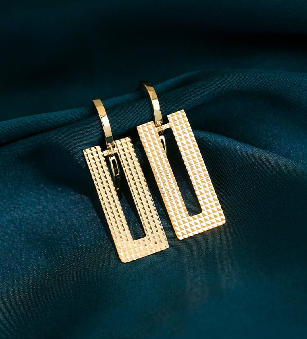 10K Gold Rectangle Dangle Earrings, Geometric Drop Square Earrings, Long Drop Gold Earrings ...