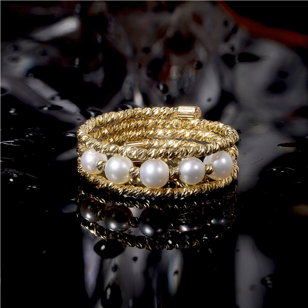 18K Gold Triple Wraps Pearl Open Rings, Gold Beaded Girls Ring, Open ...