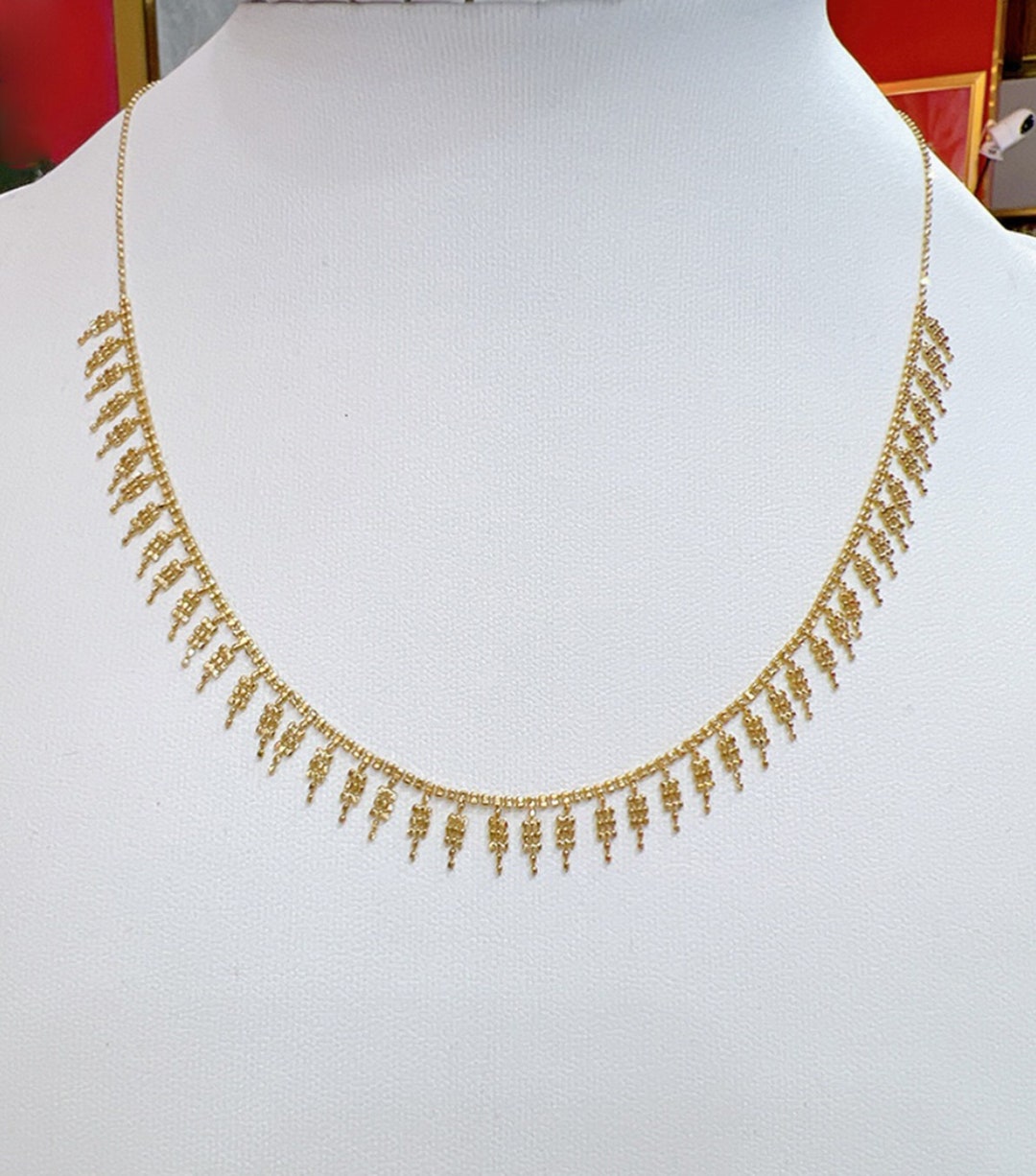 18k Solid Gold Leaf Lace Necklace , Charm Choke Chain, Bead Lace Dip ...