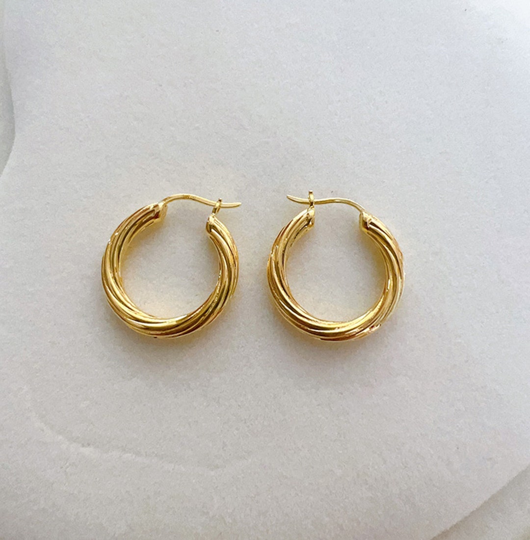 18K Real Gold Rope Hoop Earrings for Women, Large Twist Hoops, Daily ...