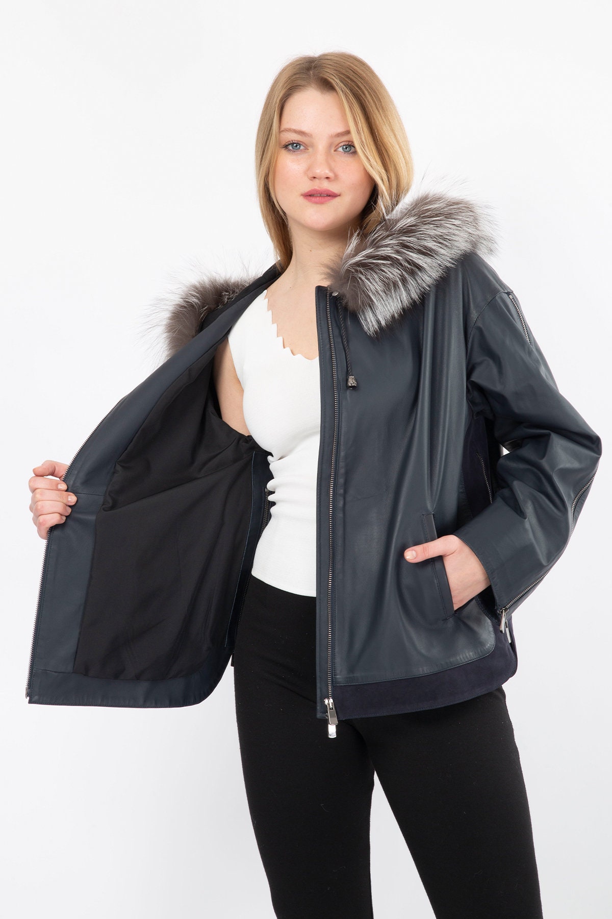 Hooded Fox Fur Raincoat, Genuine Leather Coats, Genuine Leather Puffer ...