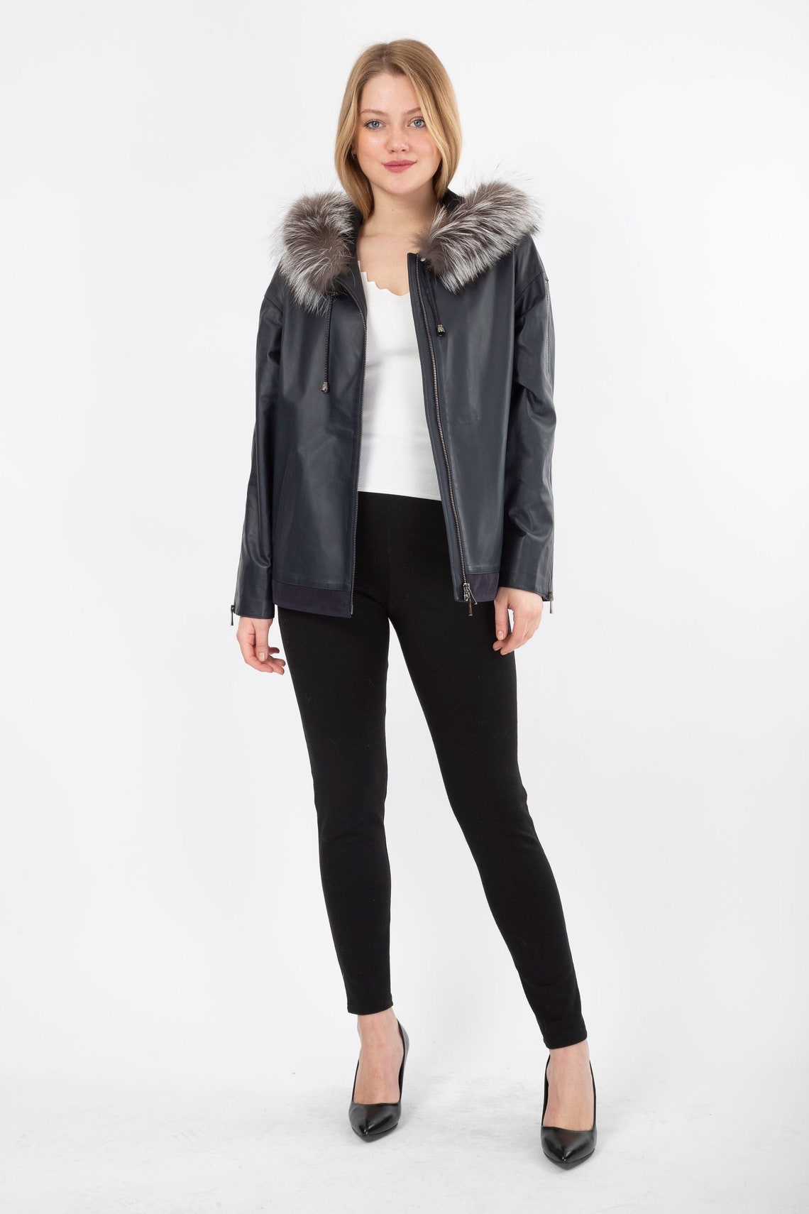 Hooded Fox Fur Raincoat, Genuine Leather Coats, Genuine Leather Puffer ...