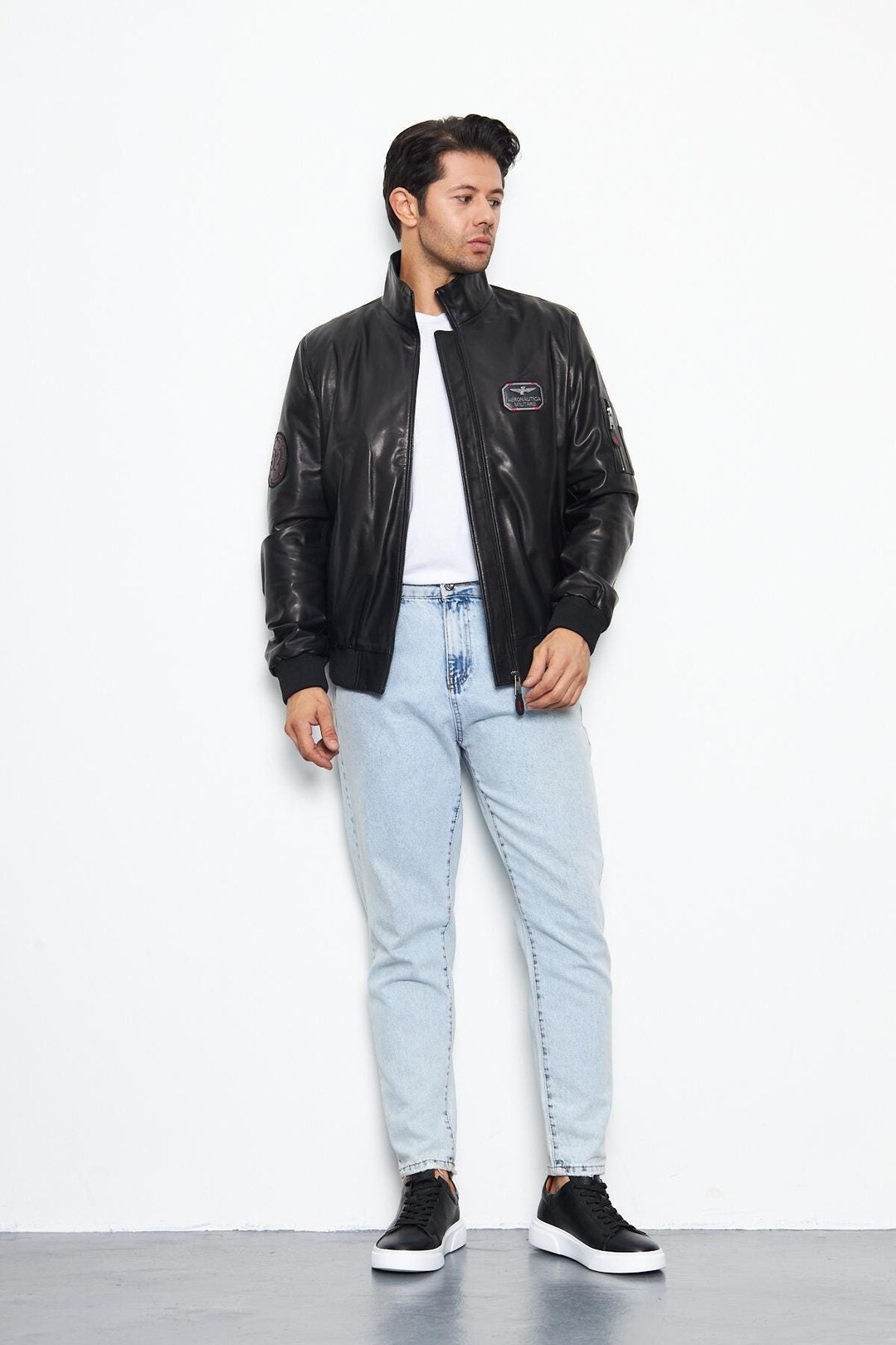 High Collar Black Leather Jacket – Zip up Bomber, Maverick-inspired ...