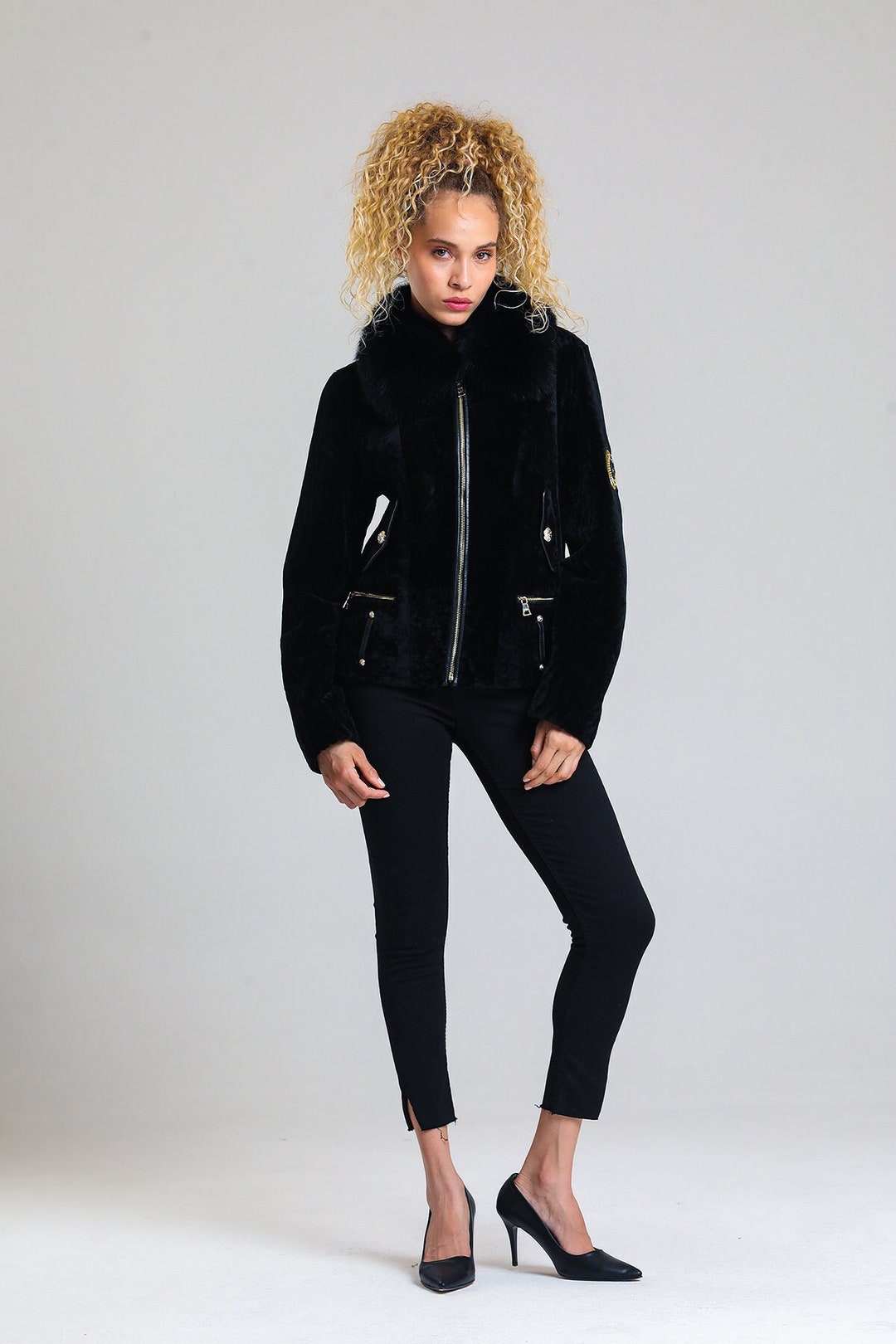 Black Sheepskin Jacket, Leather Coat With Fox Fur, Stay Cozy and Chic Coat This Winter, Women ...
