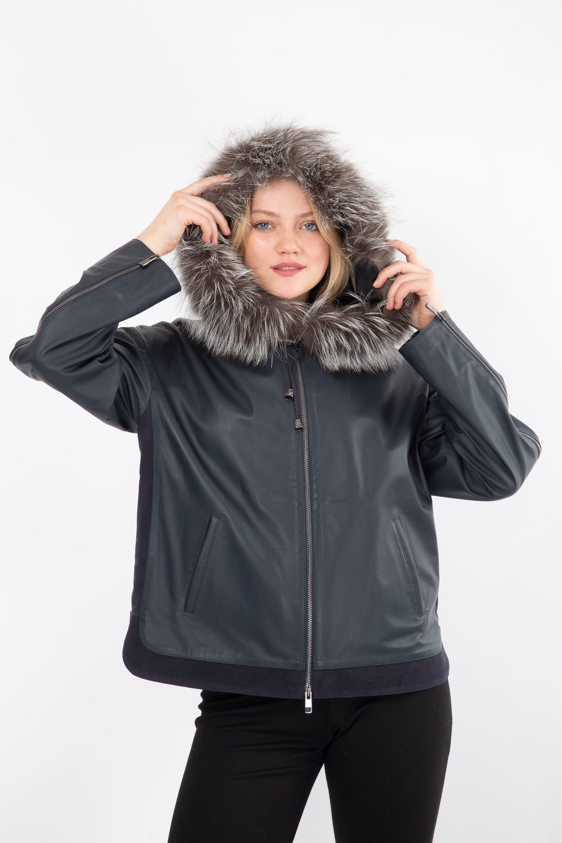 Hooded Fox Fur Raincoat, Genuine Leather Coats, Genuine Leather Puffer ...