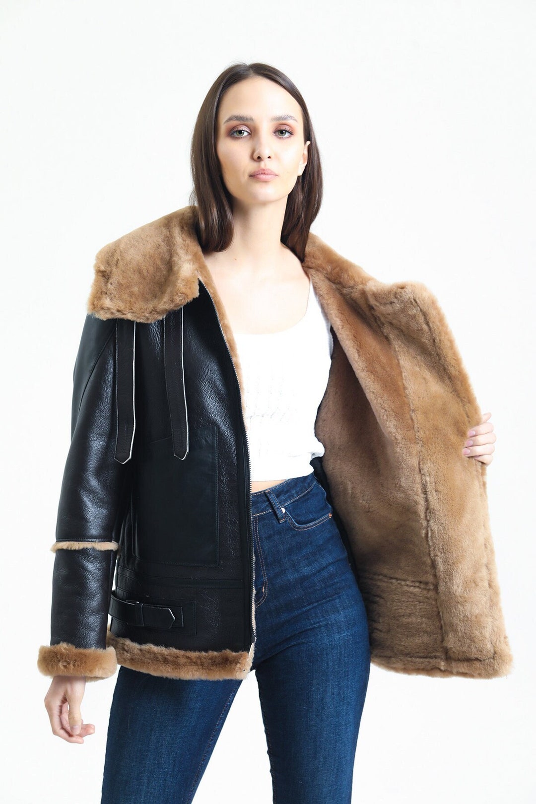 Black Genuine Sheepskin Brown Fur Jacket - Elegant and Timeless Winter ...