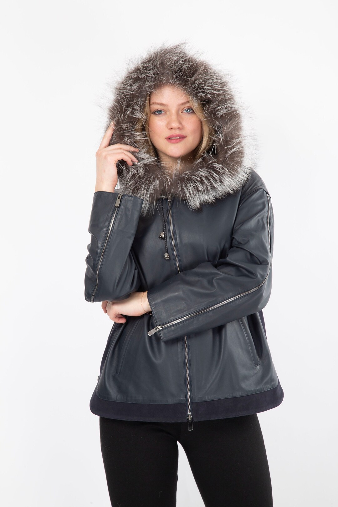 Hooded Fox Fur Raincoat, Genuine Leather Coats, Genuine Leather Puffer ...