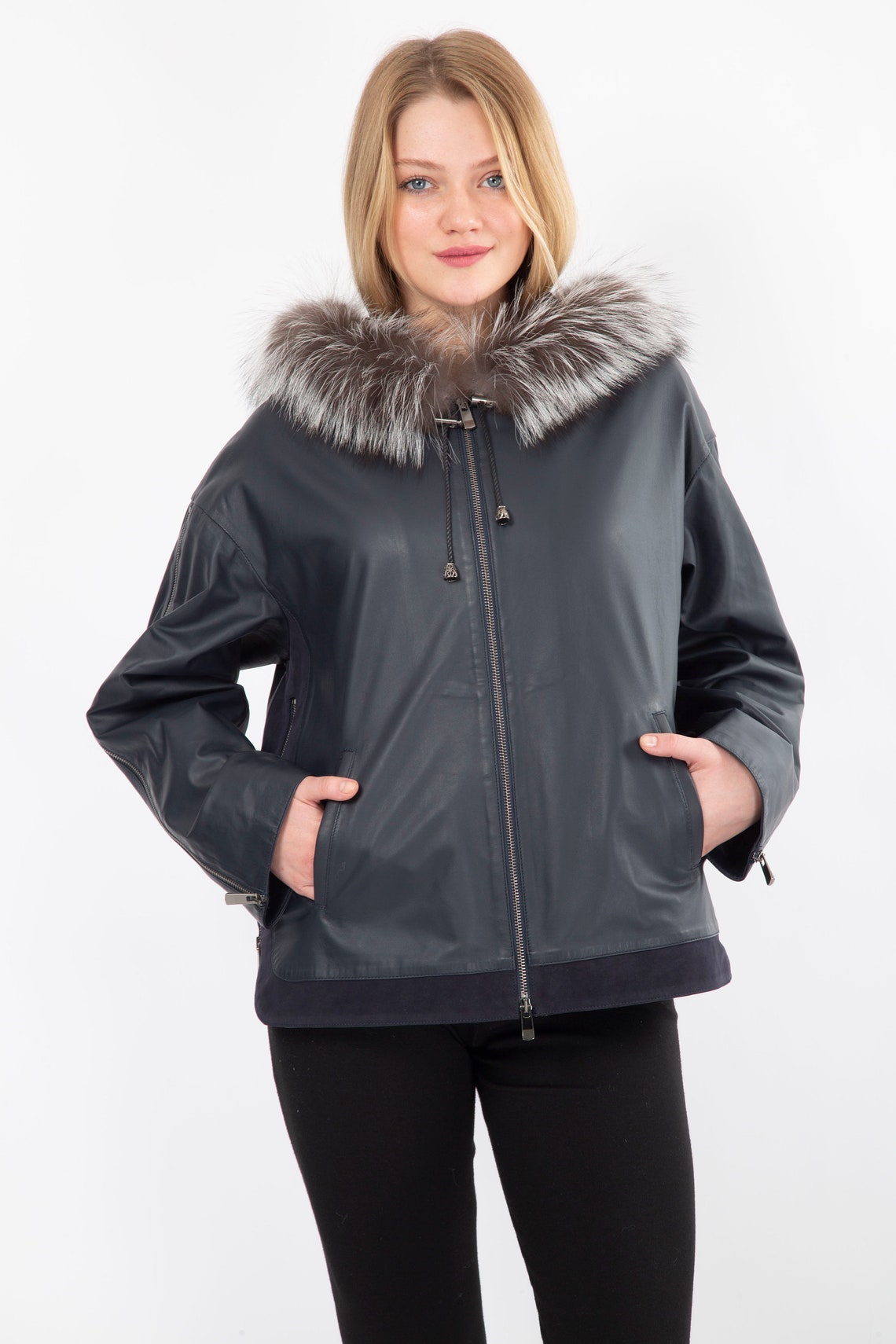 Hooded Fox Fur Raincoat, Genuine Leather Coats, Genuine Leather Puffer ...