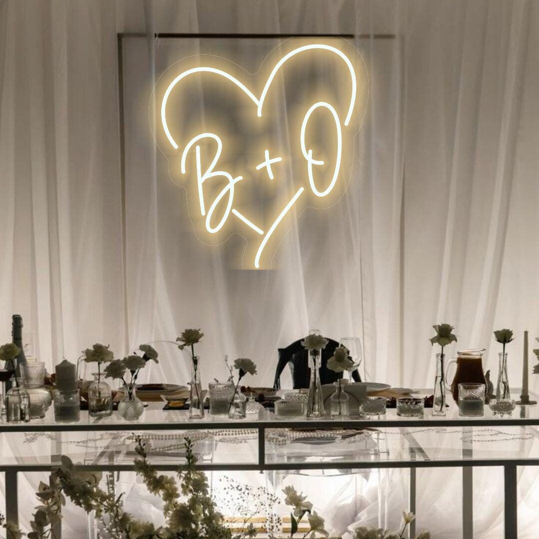 Custom Initials Heart Wedding Neon Sign, Couple Initials LED Heart Sign ...