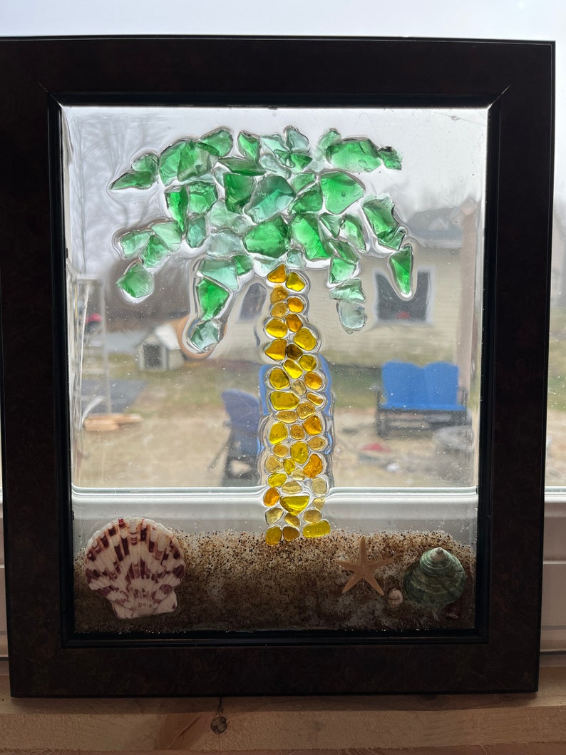 Palm Tree Resin Window, Sea Glass, Crushed Glass, Nautical, Framed Art ...