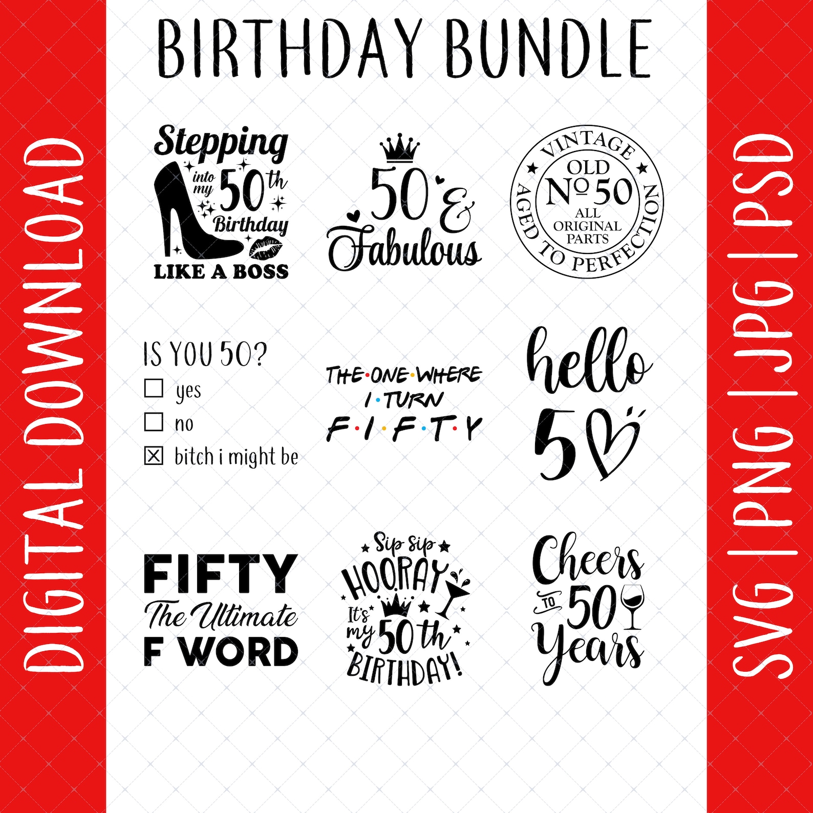 50th Birthday 9 Design Bundle Digital Download - 50 Birthday, 50th ...