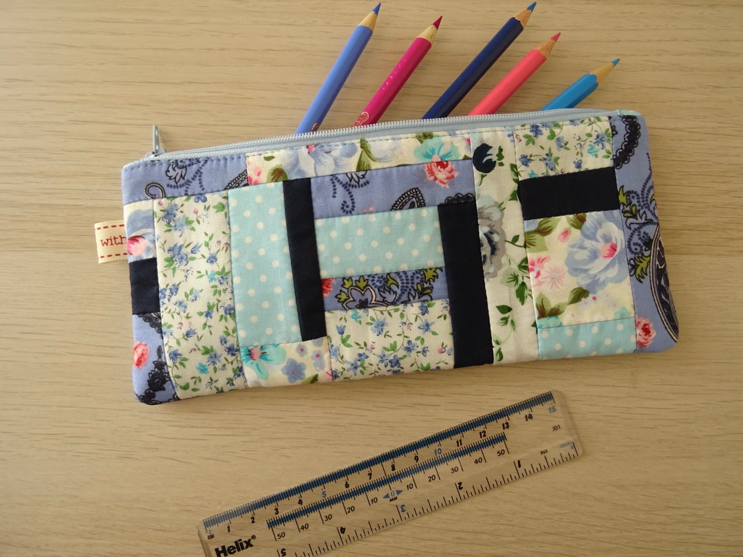 Flat Blue Patchwork Pencil Case, Floral Patchwork Quilted Pencil Case ...
