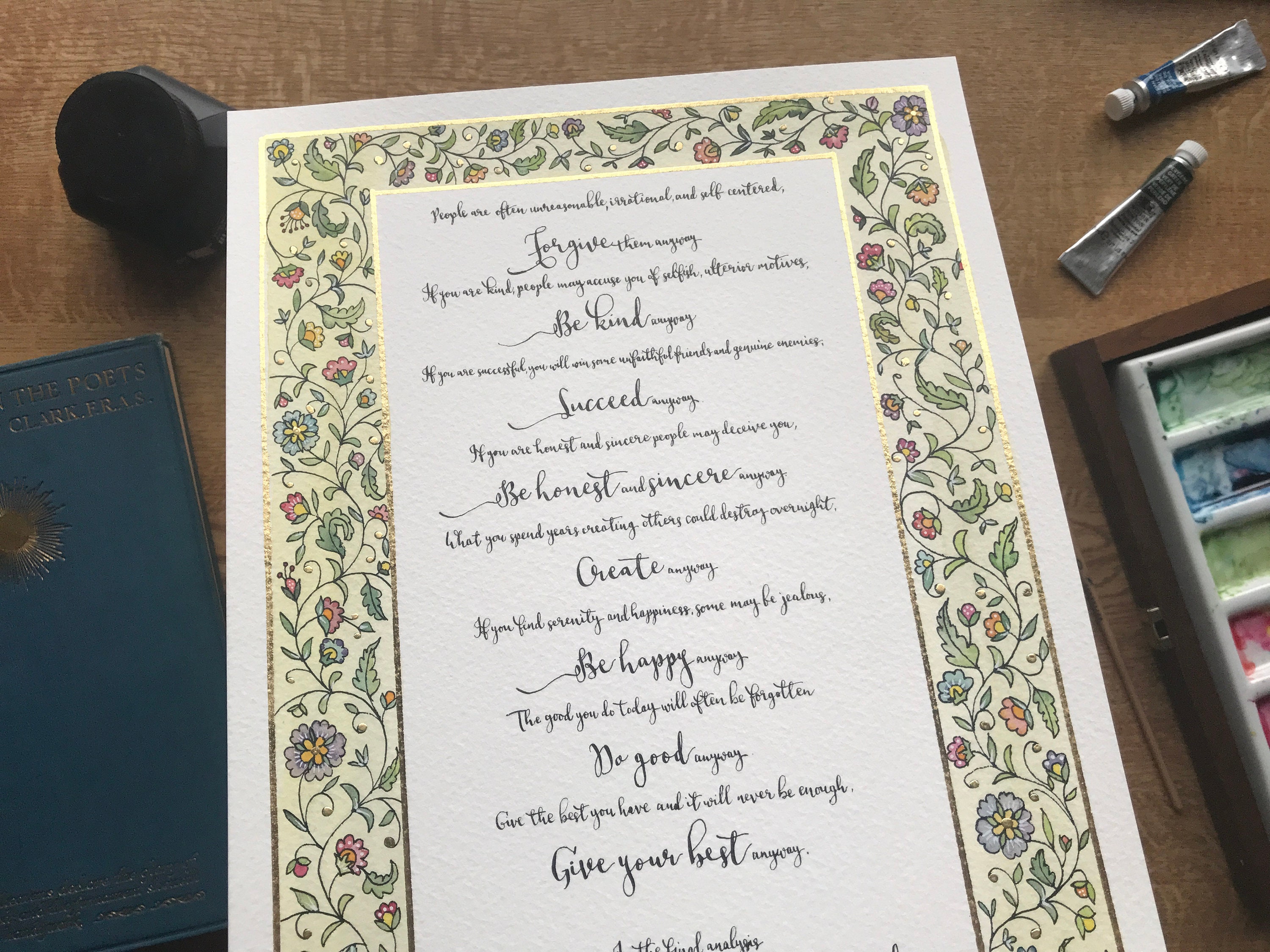 Mother Teresa anyway Poem Hand Painted ORIGINAL With 23 Carat Genuine ...