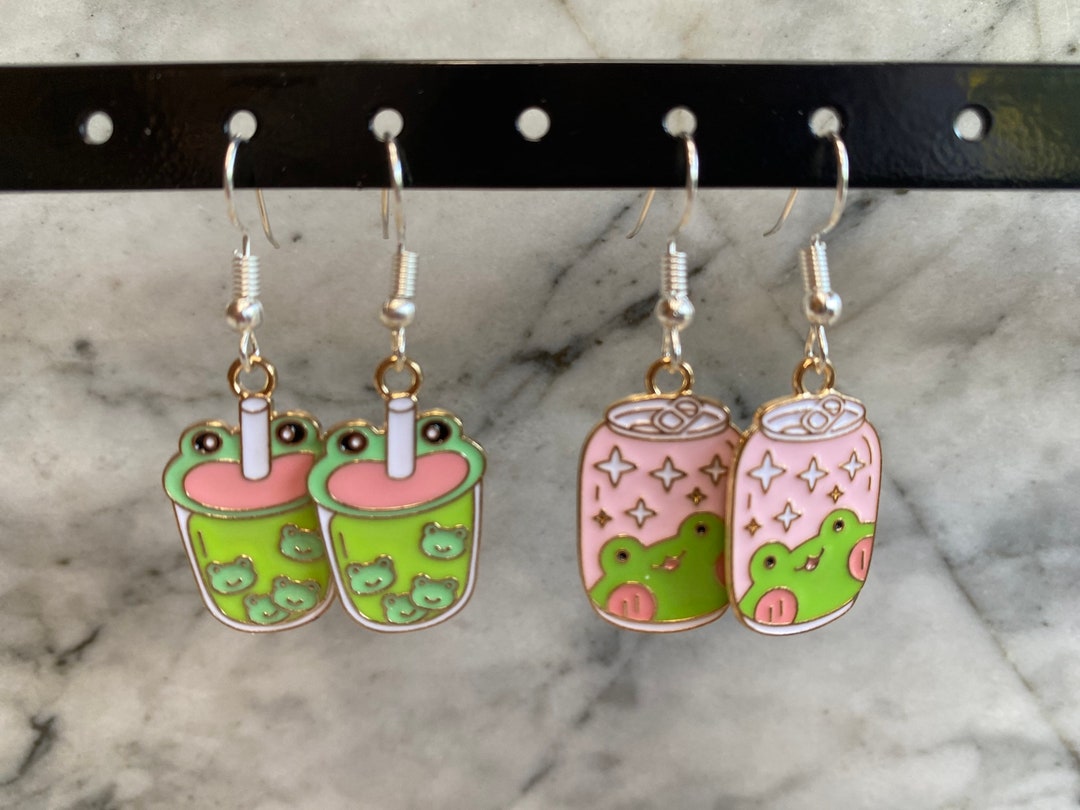 Frog Bubble Tea & Soda Can Dangle Earrings - Etsy