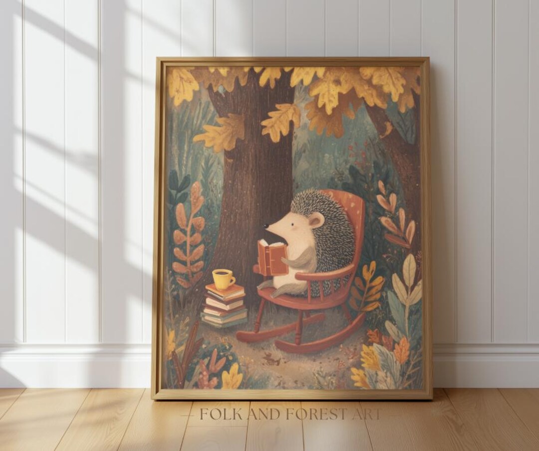 Reading Hedgehog Fall Art Print – Whimsical Autumn Woodland Animal ...
